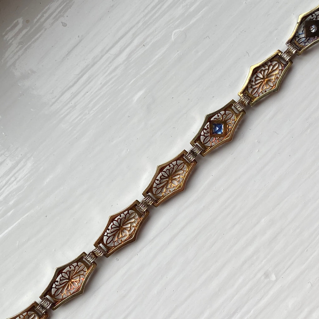 Art Deco Krementz Platinum and 14K Gold Diamond and Sapphire Filigree ...